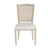 China French-Style Dining Chair with Carved Details, Natural Rattan Back, and Linen Upholstered Seat for sale