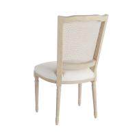 China French-Style Dining Chair with Carved Details, Natural Rattan Back, and Linen Upholstered Seat for sale