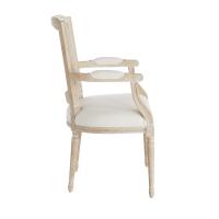 China French-Style Dining Chair with Carved Wood, Natural Rattan Back, Linen Upholstered Seat, and Armrests for sale