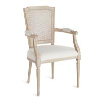 China French-Style Dining Chair with Carved Wood, Natural Rattan Back, Linen Upholstered Seat, and Armrests for sale