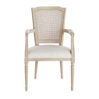 China French-Style Dining Chair with Carved Wood, Natural Rattan Back, Linen Upholstered Seat, and Armrests for sale