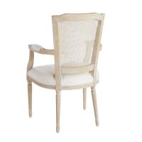 China French-Style Dining Chair with Carved Wood, Natural Rattan Back, Linen Upholstered Seat, and Armrests for sale