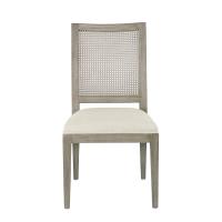 China Weathered Gray Finish Vintage Dining Chair With Rectangular Rattan Back Cotton Linen Seat Cushion for sale
