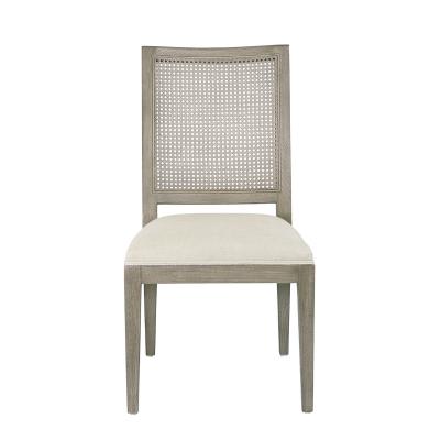 China Weathered Gray Finish Vintage Dining Chair With Rectangular Rattan Back Cotton Linen Seat Cushion for sale