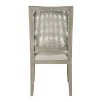 China Weathered Gray Finish Vintage Dining Chair With Rectangular Rattan Back Cotton Linen Seat Cushion for sale