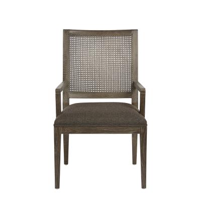 China Vintage Dining Chair with Dark Wooden Frame and Natural Rattan Backrest, Featuring Armrests for sale