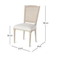 China French-Style Dining Chair with Carved Details, Natural Rattan Back, and Linen Upholstered Seat for sale