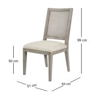 China Weathered Gray Finish Vintage Dining Chair With Rectangular Rattan Back Cotton Linen Seat Cushion for sale