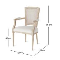 China French-Style Dining Chair with Carved Wood, Natural Rattan Back, Linen Upholstered Seat, and Armrests for sale