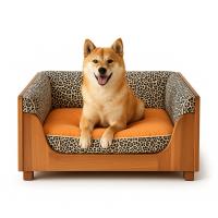 China Leopard Luxe Wooden Pet Sofa Comfort Upholstered Dog Bed With Cushion for sale