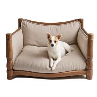 China Vintage Wooden Pet Beds Comfortable Upholstered Dog Bed With Plush Cushion for sale