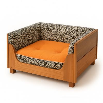 China Leopard Luxe Wooden Pet Sofa Comfort Upholstered Dog Bed With Cushion for sale