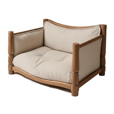 China Vintage Wooden Pet Beds Comfortable Upholstered Dog Bed With Plush Cushion for sale