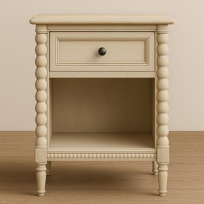 China Vintage Bobbin-Leg Solid Wood Nightstand with Drawer and Open Storage Shelf 50×40×65 cm for sale