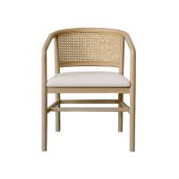 China Natural Wood Rattan Back Dining Chair with Curved Armrest and Upholstered Seat – Scandinavian Style for sale