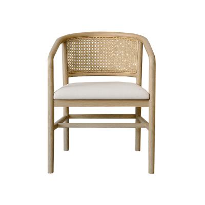 China Natural Wood Rattan Back Dining Chair with Curved Armrest and Upholstered Seat – Scandinavian Style for sale