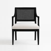 China Black Solid Wood Armchair with Woven Cane Backrest & Upholstered Seat – 58×60×84 cm Modern Dining Chair for sale
