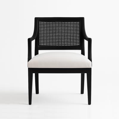 China Black Solid Wood Armchair with Woven Cane Backrest & Upholstered Seat – 58×60×84 cm Modern Dining Chair for sale