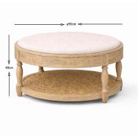 China Round Upholstered Ottoman Coffee Table with Rattan Shelf – Solid Wood Living Room Accent Table for sale