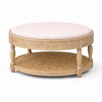 China Round Upholstered Ottoman Coffee Table with Rattan Shelf – Solid Wood Living Room Accent Table for sale