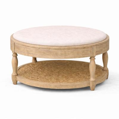 China Round Upholstered Ottoman Coffee Table with Rattan Shelf – Solid Wood Living Room Accent Table for sale