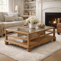 China Solid Wood & Glass Coffee Table with Open Shelf Storage - Rustic Farmhouse Living Room Center Table for sale