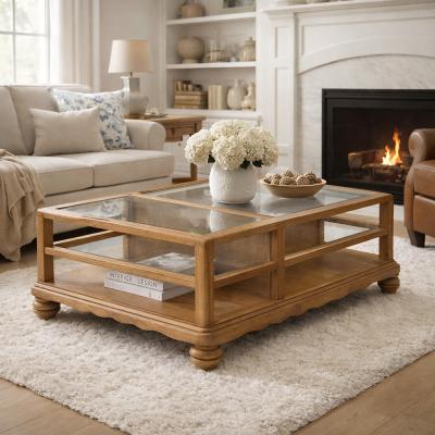 China Solid Wood & Glass Coffee Table with Open Shelf Storage - Rustic Farmhouse Living Room Center Table for sale