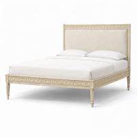 China French Style Solid Wood Upholstered Bed with Linen Upholstery and Carved Details for sale