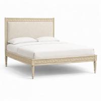 China French Style Solid Wood Upholstered Bed with Linen Upholstery and Carved Details for sale