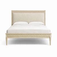 China French Style Solid Wood Upholstered Bed with Linen Upholstery and Carved Details for sale