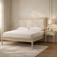 China French Style Solid Wood Upholstered Bed with Linen Upholstery and Carved Details for sale