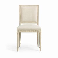China French Style Solid Wood Dining Chair with Hand-Carved Geometric Detailing and Premium Natural Linen Fabric for sale