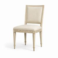 China French Style Solid Wood Dining Chair with Hand-Carved Geometric Detailing and Premium Natural Linen Fabric for sale