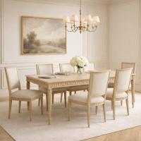 China French Style Solid Wood Dining Chair with Hand-Carved Geometric Detailing and Premium Natural Linen Fabric for sale