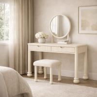 China Lunara Solid Wood Vanity Table with Integrated Round Mirror and Spacious Drawers for sale