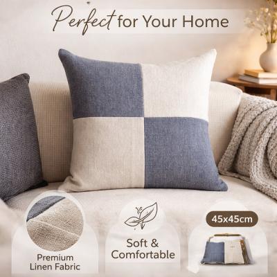 China Modern Minimalist 100% Linen Pillow with Feather Filling – Blue Gray Patchwork Cushion for Sofa & Bedroom for sale