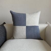 China Modern Minimalist 100% Linen Pillow with Feather Filling – Blue Gray Patchwork Cushion for Sofa & Bedroom for sale