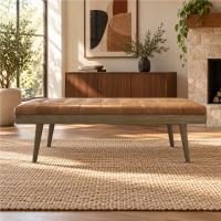 China Mid-Century 2-Seat  Leather Wood Bench | BC-002 for sale