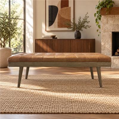 China Mid-Century 2-Seat  Leather Wood Bench | BC-002 for sale