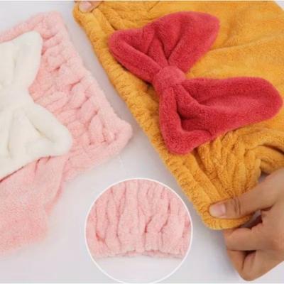 China Cute Bow Hair Turban Microfiber Coral Fleece Quick Dry Hair Towel Custom Size for sale