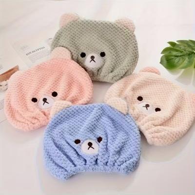 China Custom Coral Fleece Quick-Dry Hair Towel Wrap Cute Bear Cartoon Absorbent Microfiber for sale