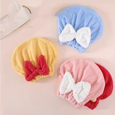 China Custom Soft Coral Fleece Hair Drying Cap with Bow Quick Dry Ultra Absorbent 40x50cm for sale