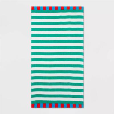 China Green White Nautical Stripes Beach Towel Ultra Lightweight Velour Quick Drying 75x150cm for sale