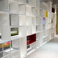 China Customized Wooden Office Area Divider Bookcase Mobile Cube Bookcase Shelf for sale