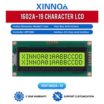 China 1602A-19 Yellow Green Film Character LCD Display 80x36mm I2C Serial Port Support Customization for sale