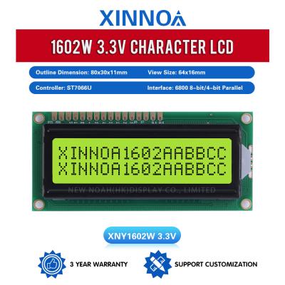 China Yellow Green Film 1602W 3.3V Character LCD Module Display 2x16 64x16mm ST7066U Full Perspective for sale