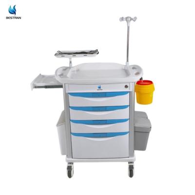 China 4 Drawers ABS Emergency Medical Trolley 750×475×920mm with Defibrillator Shelf & Oxygen Tank Holder for sale
