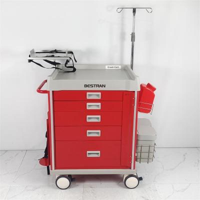 China Red First Aid Trolley with 5 Drawers - 700×525×925mm Medical Equipment Storage Cart with IV Pole & Accessories for sale