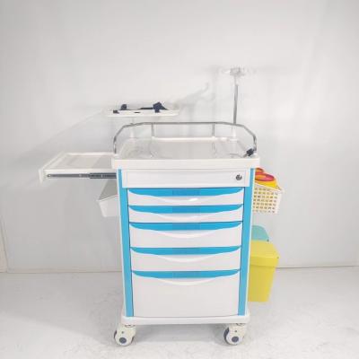 China ABS Medical Emergency Trolley 625x475x920mm with 5 Drawers, Defibrillator Shelf & CPR Board for sale
