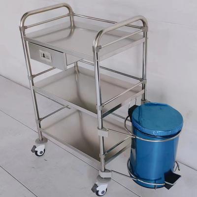China 3 Level Stainless Steel Lab Cart 600x400x970mm with Drawer and Foot Operated Trash Can for sale